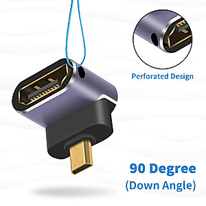 Duttek 8K 90 Degree Micro HDMI to HDMI Adapter, Down Angle HDMI Female to Micro HDMI Male Adapter, Micro HDMI Adapter, with LED Light and Perforated Design for Cameras Camcorder DC (2 Pack)