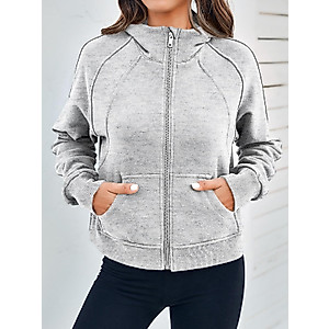 Fisoew Womens Zip Up Sweatshirts Fleece Lined Collar Crop Hoodie Casual Cotton Long Sleeve Tops with Thumb Hole
