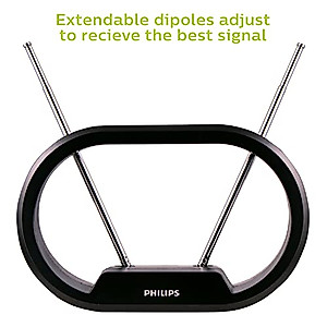 Philips Modern Loop Rabbit Ears Indoor TV Antenna, 15 inch Extendable Dipoles, 4K 1080P VHF UHF, Tabletop Antenna, Digital HDTV Antenna, Smart TV Compatible, 4ft Coaxial Cable, Black, SDV7114A/27
