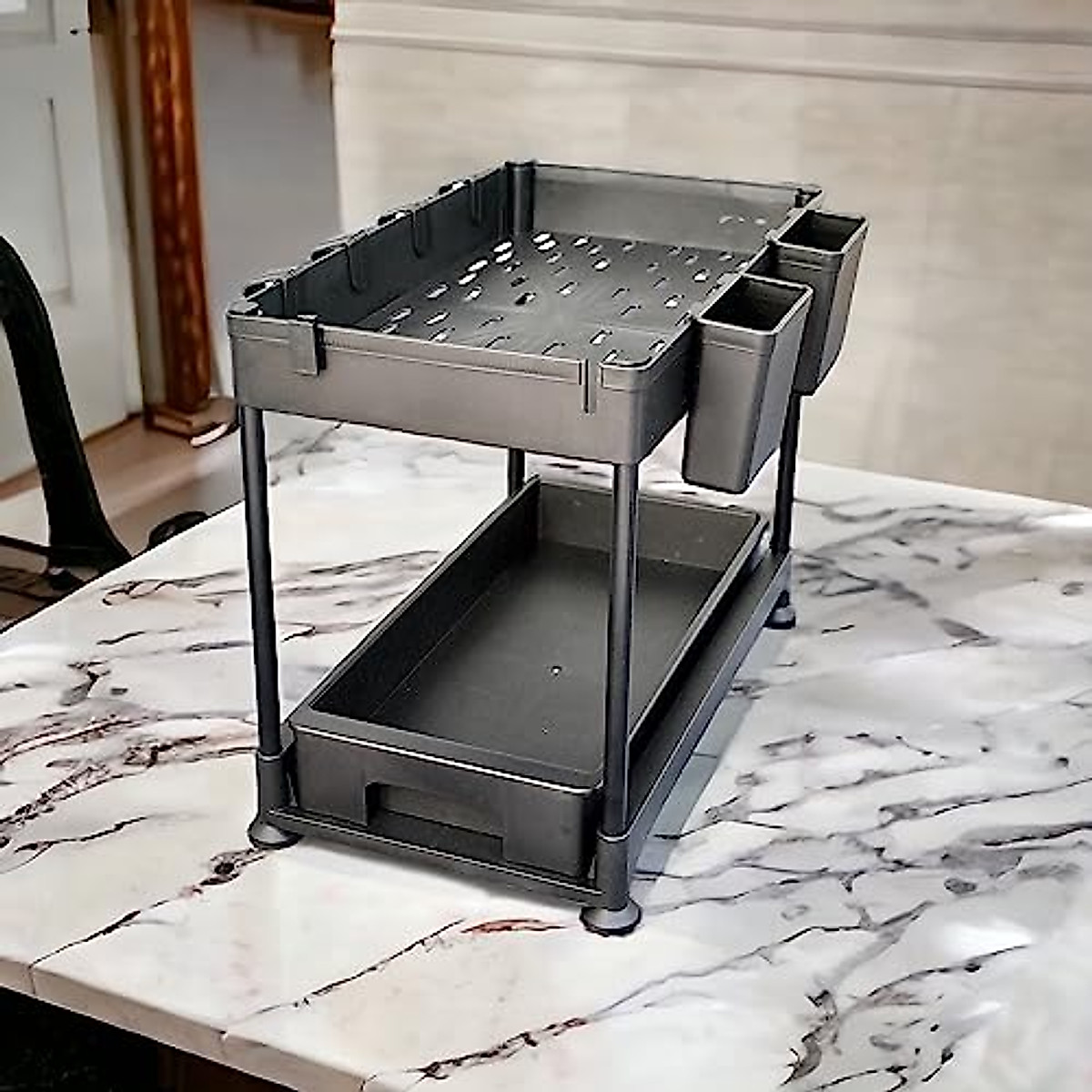 Lowery House 2-Tier Under Sink Organizer - Multifunctional Sliding Storage Countertop Kitchen - Hanging Cups and Hooks - Rust Free & Easy to Assemble