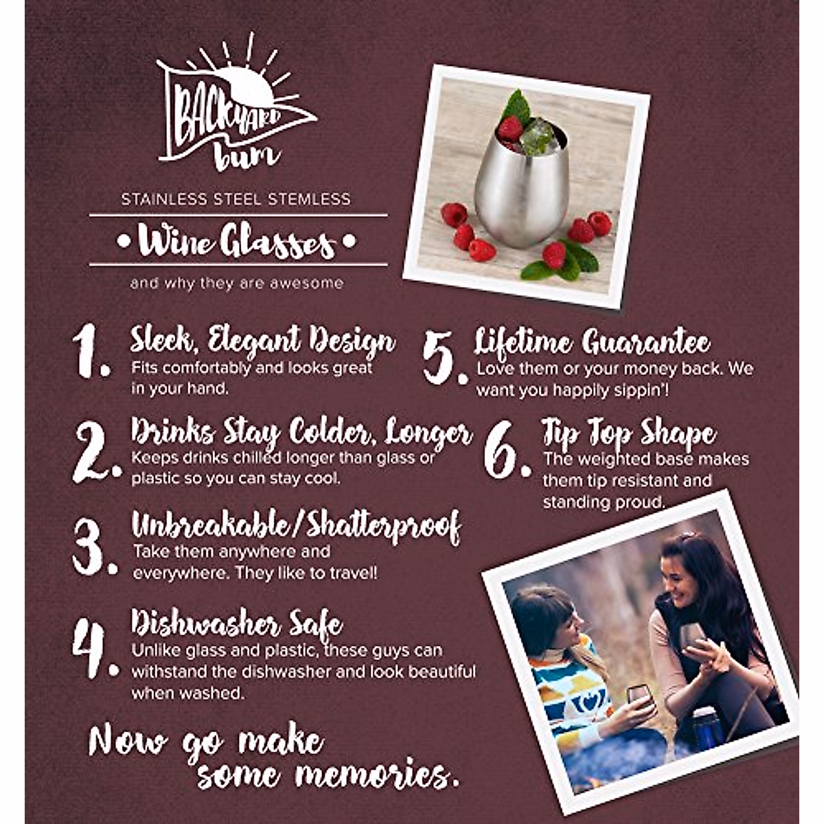 Backyard Bum Premium Solid Stainless Steel Wine Glasses | Set of 4 Large 18 Ounce | Stemless Wine Glasses| Perfect for Entertaining Outdoors