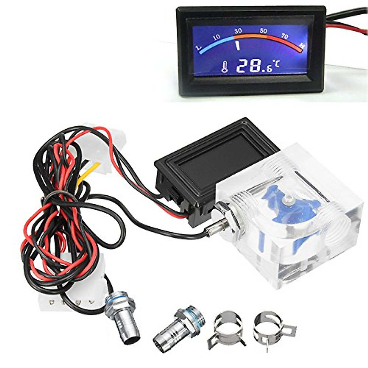 LED Thermometer 3 Way Flow Meter For Water Cooling Liquid Cooler System & 2 Barbs