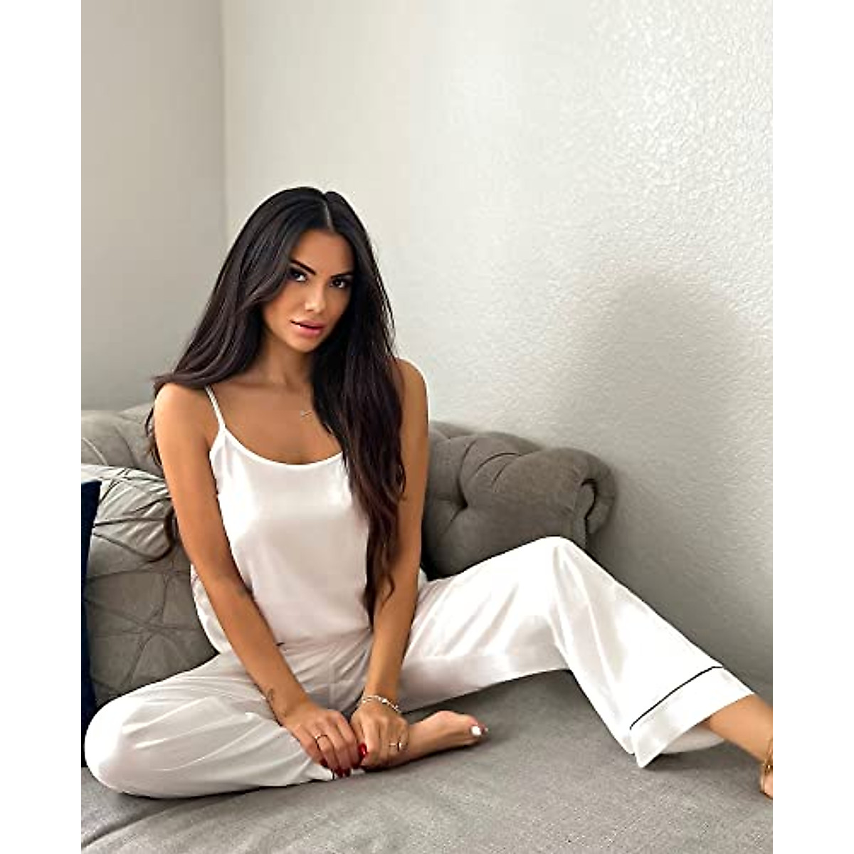 Ekouaer Satin Pajama Set Women Silk Smooth Pjs Sets Comfortable Lingerie Sleepwear Set(Pure White,L)