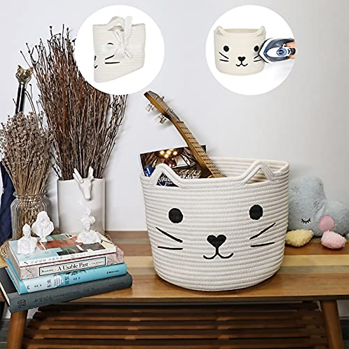 Small Cat Cotton Rope Basket Baby Basket for Nursery | Hombins Woven Basket Cute Kids Basket for Organization Stuffed Animal Storage Hamper for Pen, Tissue, Candy, 8''X7''