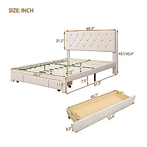 OTRIEK Queen Size Velvet Upholstered Platform Bed Frames with Large Storage Drawer/Headboard, Mid-Century Modern Platform Bed with Solid Wood Slat Support for Bedroom Boys Girls Adults Teens, Beige