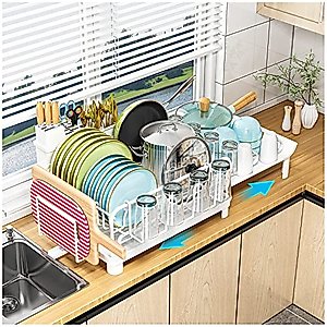 Gsiekare Large Dish Drying Rack, Expandable Dish Rack Kitchen Sink Organizer, Dish Drainer with Cutlery & Cup Holders for Kitchen Organization, Anti-Rust Drying Rack for Kitchen Counter White
