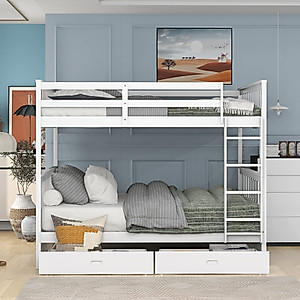 Harper & Bright Designs Full Over Full Bunk Bed with Drawers, Full Size Bunk Bed, Solid Wood Bunk Bed Frame with Ladders & 2 Storage Drawers, Bedroom Furniture (White, Full/Full with Drawers)