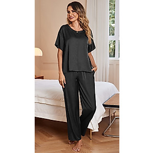 Ekouaer Womens Silk Satin Pajamas Set Two Piece Pj Sets Sleepwear Loungewear Short Sleeve Pj Sets Black