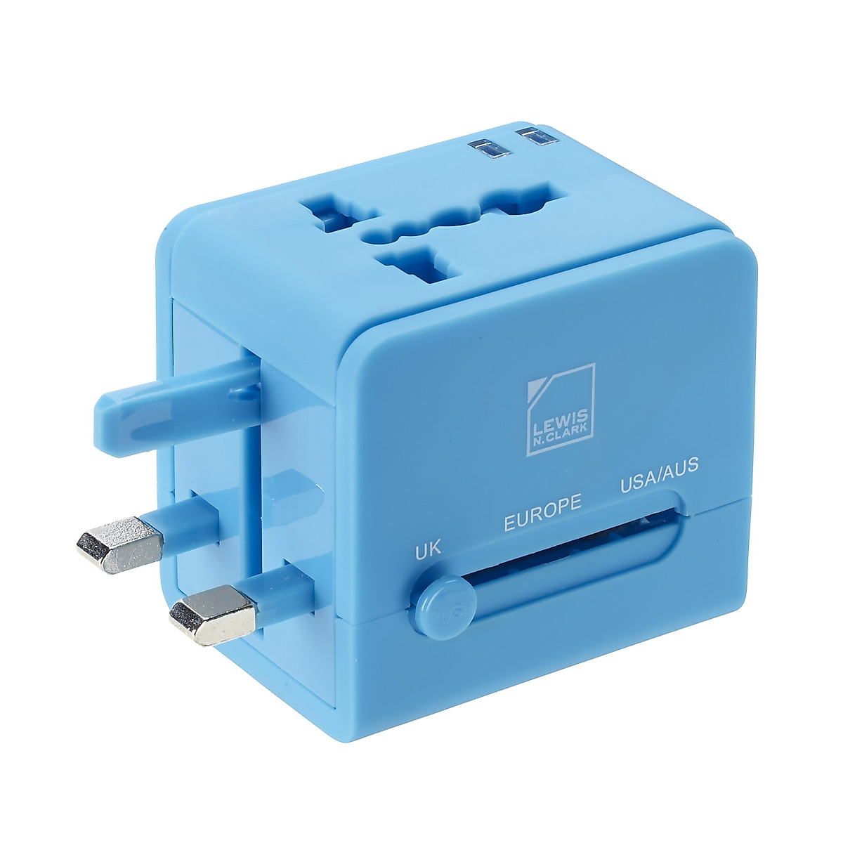 Lewis N. Clark Global Wall Adapter + Portable Charger with Dual USB Ports for Standard + Recessed Outlets (over 175 countries) for Cell Phones, Tablets, Laptops, Blue