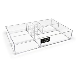 Isaac Jacobs 8-Compartment Clear Acrylic Drawer Organizer (13" L x 8.1" W x 2.3" H), Multi-Sectional Tray & Storage Solution for Makeup, School & Office Supplies, Bathroom, Kitchen