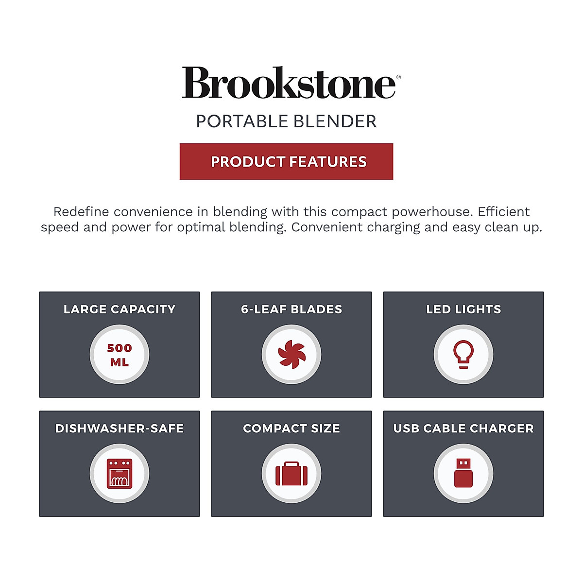 Brookstone 500mL Compact Portable Blender with Additional Lid for On-the-Go Convenience - Personal Blender Perfect for Shakes, Smoothies, Food Prep, and Frozen Blending, BPA-Free (Black)