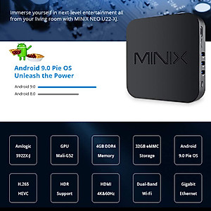 MINIX Android 9.0 Pie Media Hub 4K Ultra HD HDR10+4GB DDR4/32GB eMMC 4K @ 60Hz UHD 3 x USB 3.0 USB-C [Data only] GLAN AC Wi-Fi TF Card (NEO U22-XJ)
