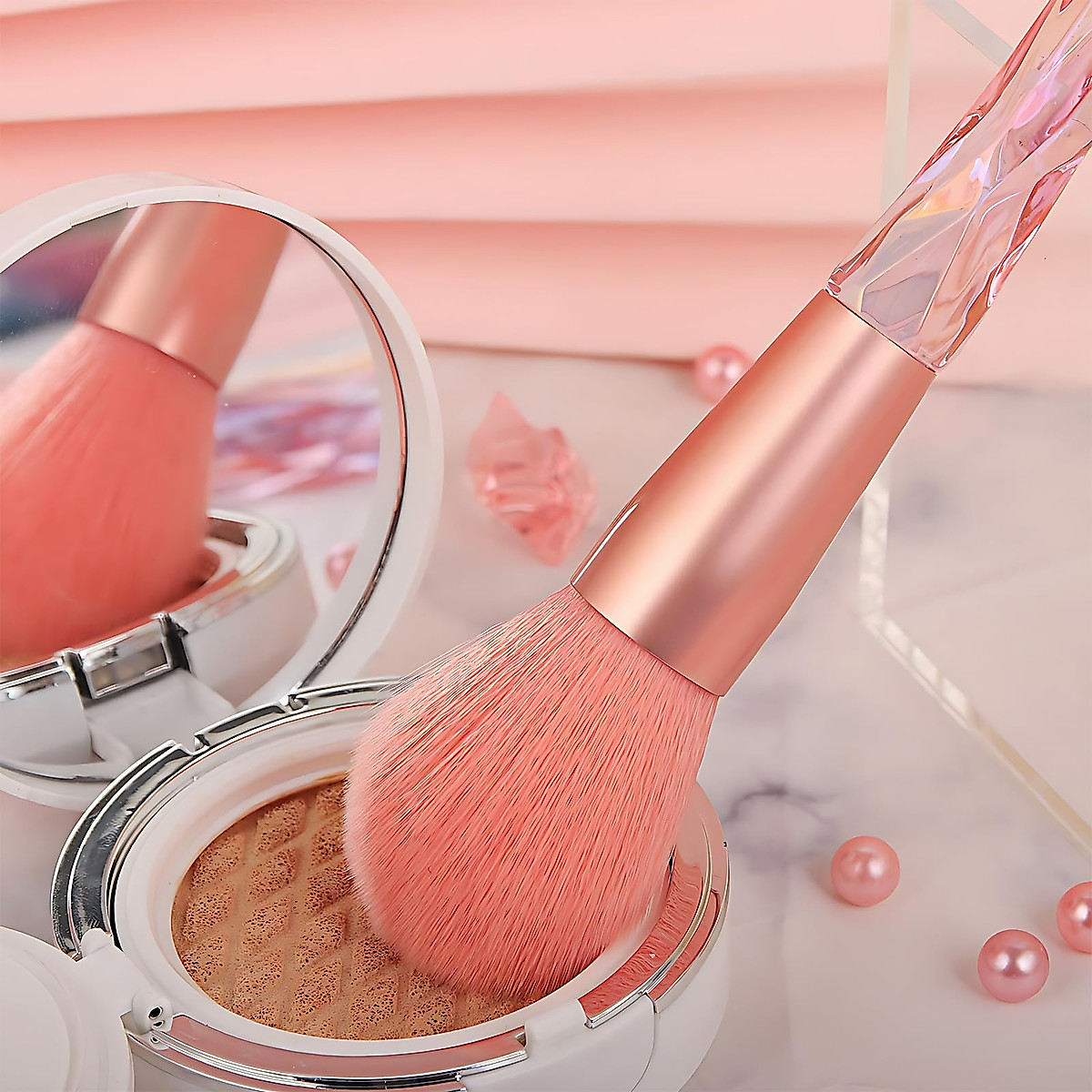 Kingtree Makeup Brushes, 10PCS Pink Crystal Makeup Brush Set Premium Synthetic Foundation Powder Concealer Eyeshadow Makeup Brush Kit, Professional Make Up Brush Set for Girls and Ladies