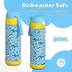 JARLSON kids water bottle with straw - CHARLI - insulated stainless steel water bottle - thermos - girls/boys (Shark 'Mosaic', 18 oz)