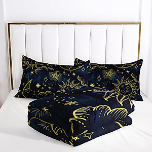 Ntlfup Sun and Moon Comforter Set Twin Size, Starry Sky Celestial Star Bedding Set for Kids Boys Girls, Blue Golden Bohemian Gothic Comforter Set