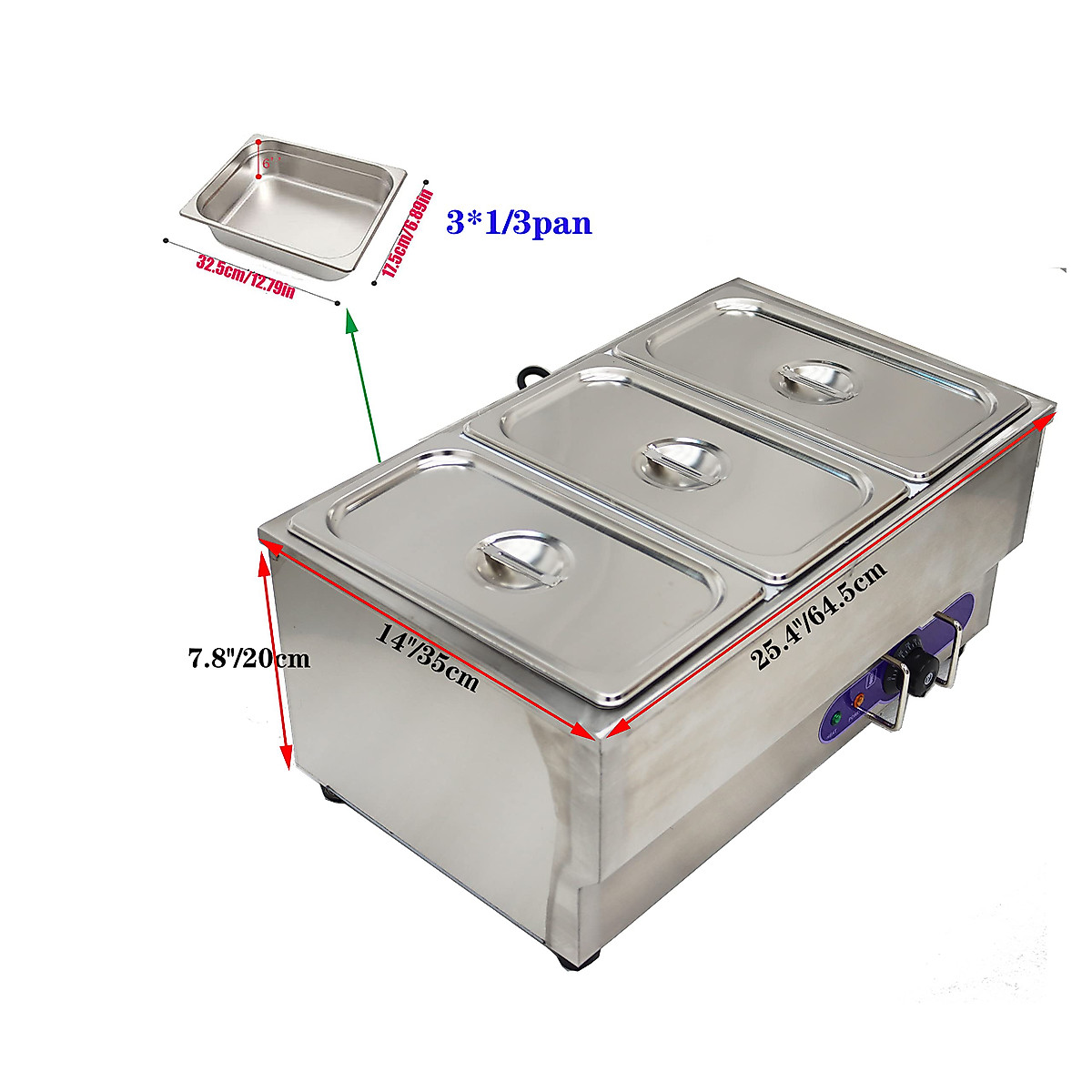 INTSUPERMAI Electric Commercial Food Soup Warmer Canteen Buffet Steam Heater Stainless Steel 110V 1500W 1/3GN x3 Pans 12x5.5x6inch Pan