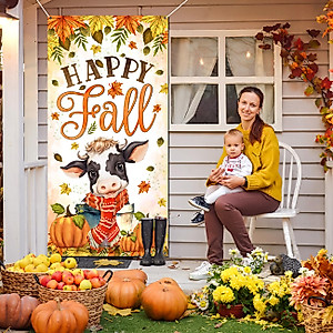 Happy Fall Door Cover Fall Party Decorations Baby Cow with Scarf Fall Festival Decorations Pumpkin Door Banner for Autumn Harvest Thanksgiving Party Supplies