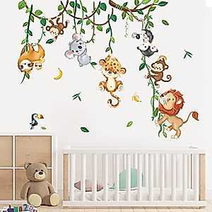 decalmile Jungle Animals Climbing Tree Wall Decals Monkey Lion Koala Tiger Wall Stickers Baby Nursery Kids Room Living Room Home Decor