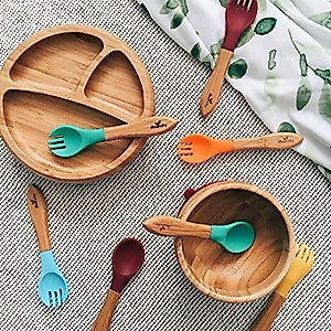Avanchy Feeding Bamboo Silicone Baby Training Spoons with Plate and Bowl