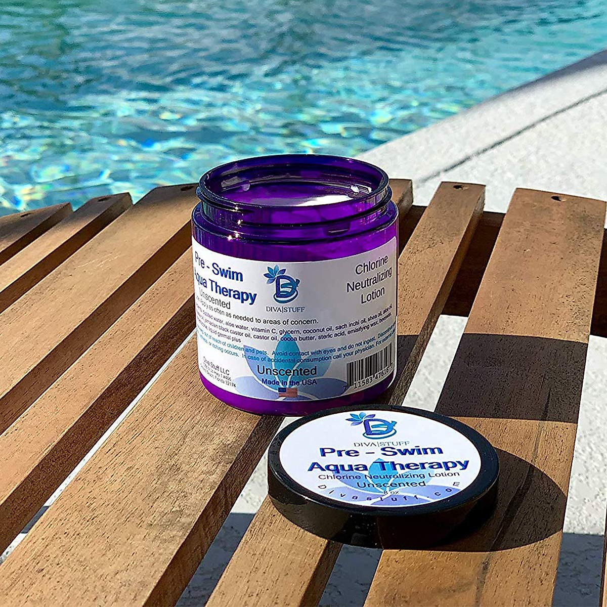 Diva Stuff Pre-Swim Aqua Therapy Chlorine Neutralizing Body Moisturizing Lotion for Swimmers, Protects Skin from Chlorine & Salt Water, 8 oz - Made in the USA, Unscented