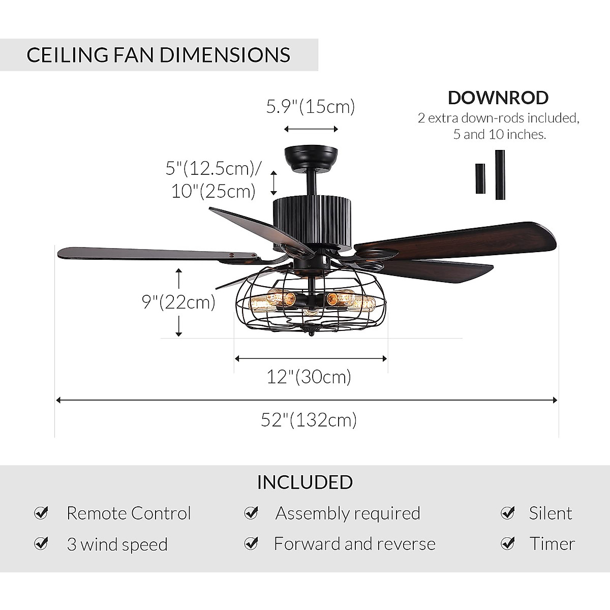 NOXARTE 52 inch Farmhouse Industrial Ceiling Fan with Light and Remote, Vintage Black Cage Fandelier, 5 Reversible Blades Chandelier Fans Light Kit for Bedroom Living Room, Quiet Motor