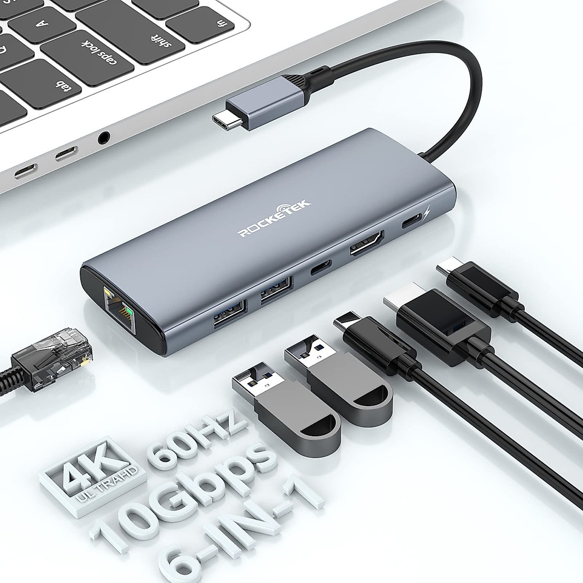 4K@60Hz USB C Hub with Ethernet, 6-in-1 Multiport Adapter with 4K@60Hz HDMI, 10Gbps USB3.0, 100W PD Charging and Gigabit Ethernet, MacBook Docking Station Compatible with Mac M1, M2, iPad, Steam Deck