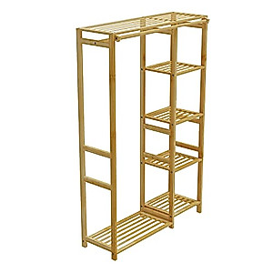 MOUTIK Bamboo Open Wardrobe Coat Stands: Wood Clothing Hanging Rail Garment Rack with Back Cover - Freestanding 6 Shelves Closet Organizer for Clothes Shoes Storage