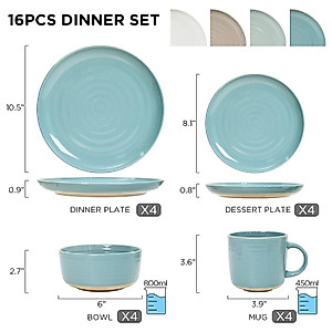 Ollieroo 16 Pieces Stoneware Dinnerware Sets Dishwasher & Microwave Safe, Handpainted Spirals Pattern Ceramic Dish Set Includes Plates, Bowls and Handled Mugs, Kitchen Dinner Set for 4, Multicolor