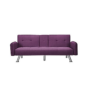 OYN Folding Modern Futon Sofa Loveseat Convertible Sleeper Couch Bed for Living Room Apartment Small Space Furniture Sets with 2 Cup Holders,Metal Legs, Removable Soft Square Armrest, Purple