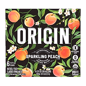 ORIGIN Organic & Non-GMO Peach Flavor Sparkling Water, 12 Fl Oz, Recyclable Aluminum Cans (6 Count)