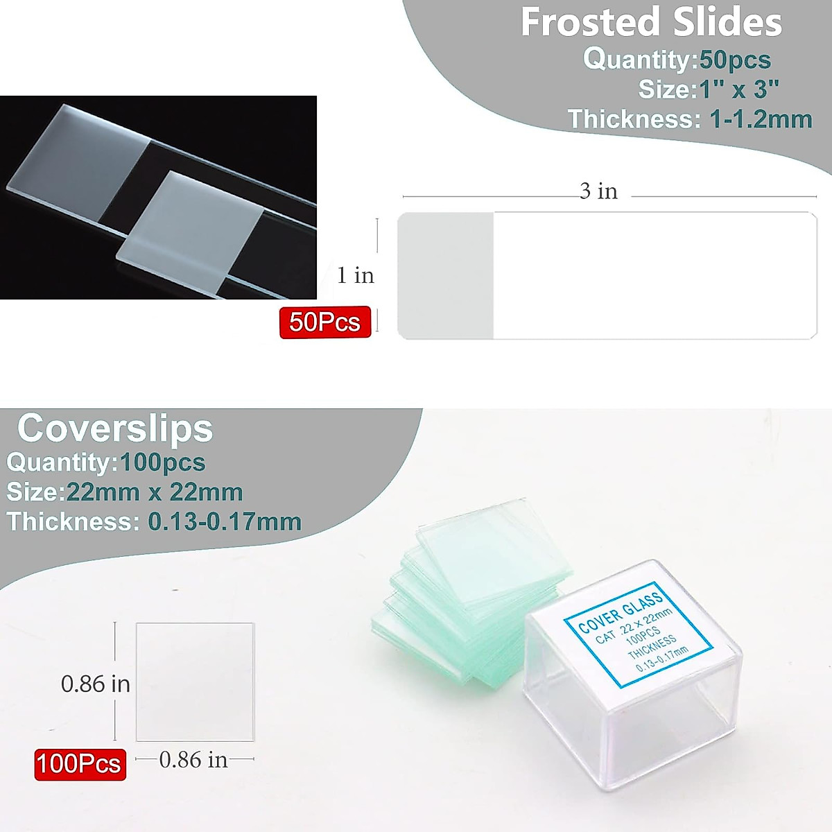 50 Pcs Frosted Microscope Slides with 100 Pcs 22x22mm Square Coverslips Cover Glass for Microscopes