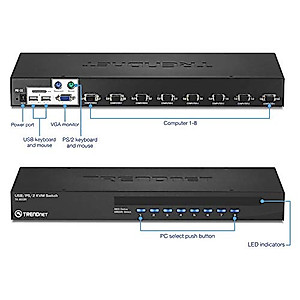 TRENDnet 8-Port USB/PS2 Rack Mount KVM Switch, TK-803R, VGA & USB Connection, Supports USB & PS/2 Connections, Device Monitoring, Auto Scan, Audible Feedback, Control up to 8 Computers/Servers