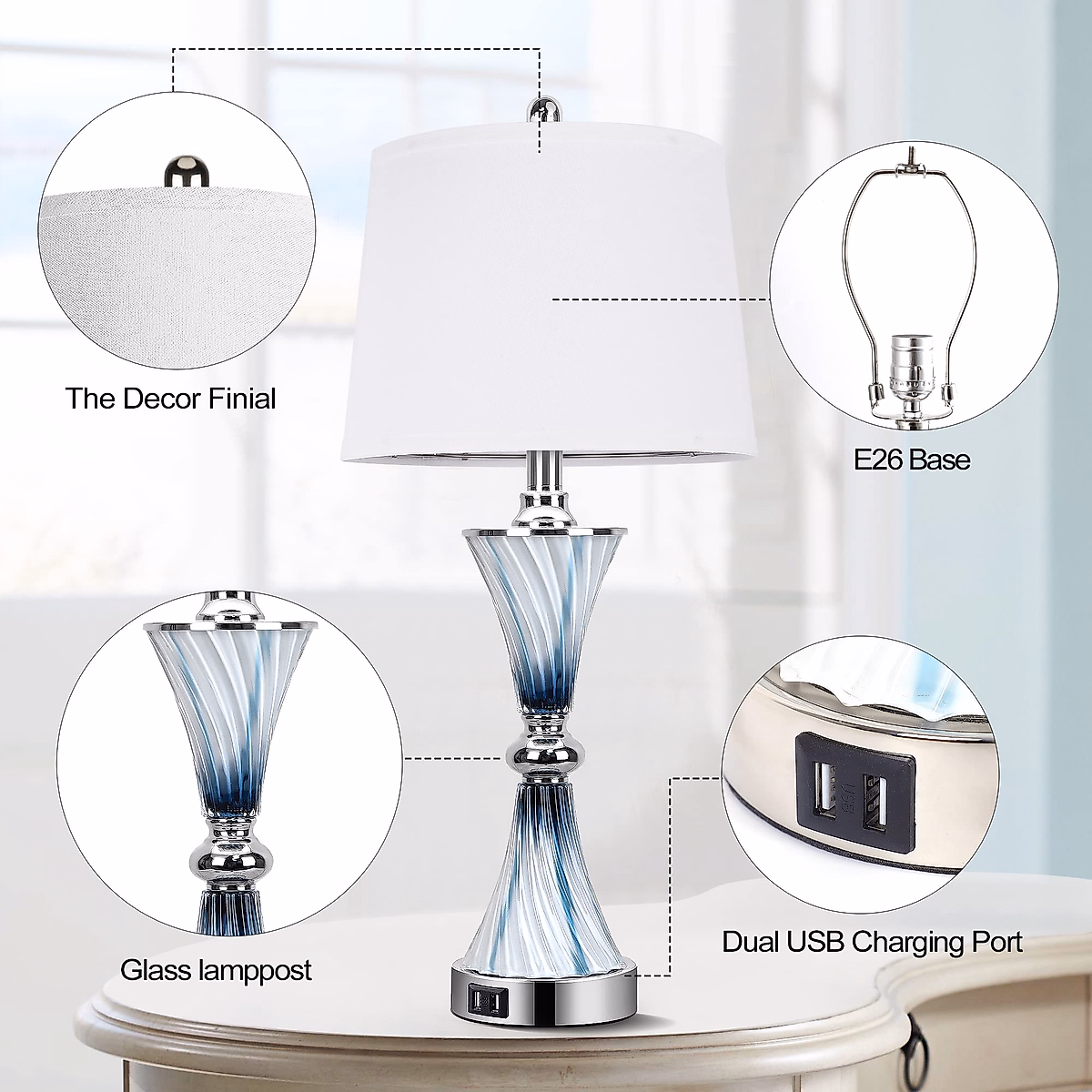 Set of 2 Blue Glass Table Lamps for Bedrooms with 2 USB ports 3-Way Dimmable Touch Coastal Bedside Lamps for Contemporary Style Modern Nightstand Lamps with 2 LED Bulbs for Home Lighting Decoration