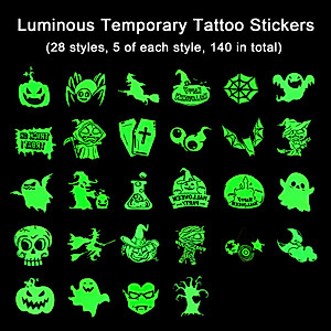 Halloween Temporary Tattoos for Kids, Waterproof Fake Tattoos Stickers, Glow in Dark Tattoos, 140 PCS Halloween Pumpkin Ghost Devil Skull Vampire, Luminous Tattoo Sticker for Halloween Party Supplies