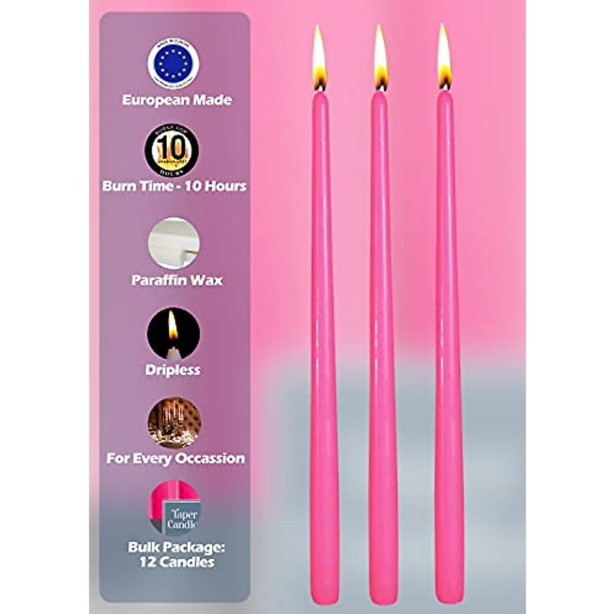 12 Pack Tall Taper Candles - 12 Inch Hot Pink Fuschia Dripless, Unscented Dinner Candle - Paraffin Wax with Cotton Wicks - 10 Hour Burn Time