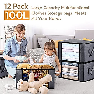 12 Pack Jumbo Clothes Storage Bins Bags 90L Large Capacity Blanket Organizer Containers, Foldable Storage Closet Containers with Clear Window Handle for Organizing Clothing Bedroom Comforter (Grey)