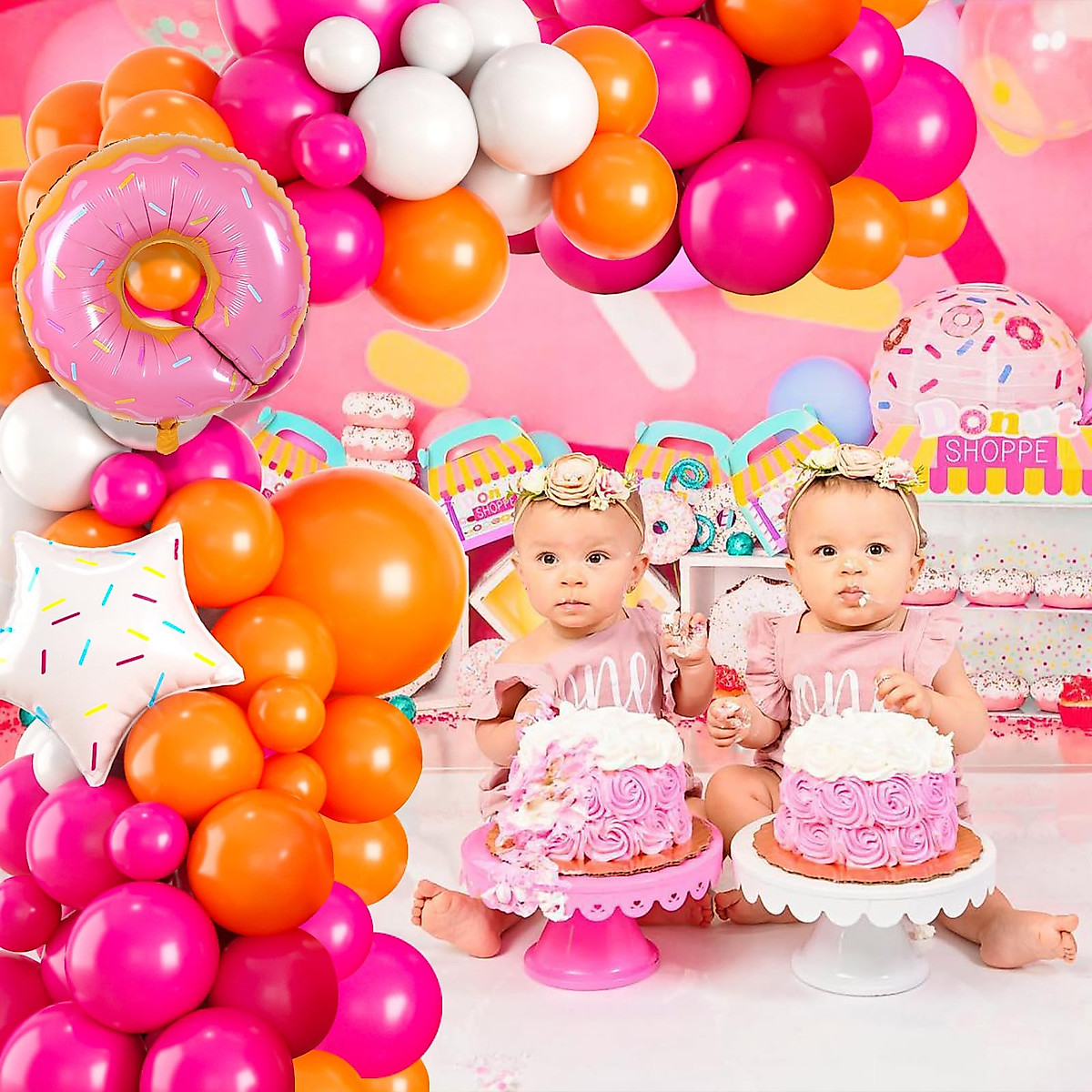 Donut Balloon Garland Arch Kit, Donut Theme Party Decorations, Hot Pink Orange Latex Balloons with White Star Donut Foil Balloons for Girls Baby Shower Sweet Donut Birthday Party Supplies
