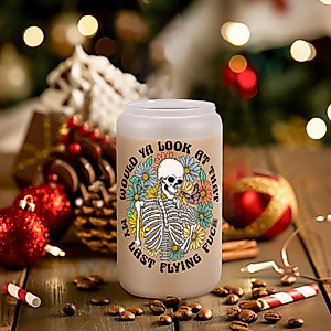 GSPY Skeleton Cup, Halloween Glass Cups with Lids and Straws - 16 oz Iced Coffee Cups, Funny Spooky Skull Tumbler - Witchy Gifts for Women - Christmas, Halloween Gifts for Friend, Sister, Mom