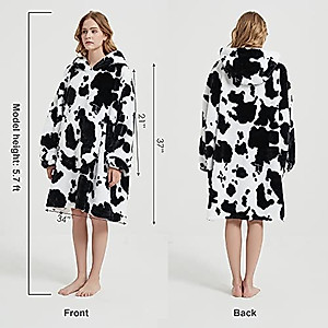 softan Blanket Hoodie, Oversized Wearable Blanket for Adult Men Women, Super Cozy Warm and Soft Hooded Blanket Sweatshirt, Cow Print Faux Fur Blanket Sweatshirt with Large Pocket, One Size Fits All