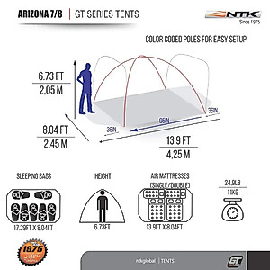 NTK Arizona GT 8 Person Tent for Camping | 14x8 ft Camping Tent with 100% Waterproof Dome, Breathable Mesh, 2 Doors & 2 Windows | Outdoor Tent | 2500 mm Warm & Cold Weather Family Tent