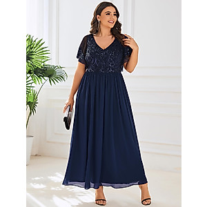 Ever-Pretty Plus Womens Plus Size Backless Ruffles Sleeves Sequin Appliques Maxi Chiffon Formal Evening Dress Navy Blue US26