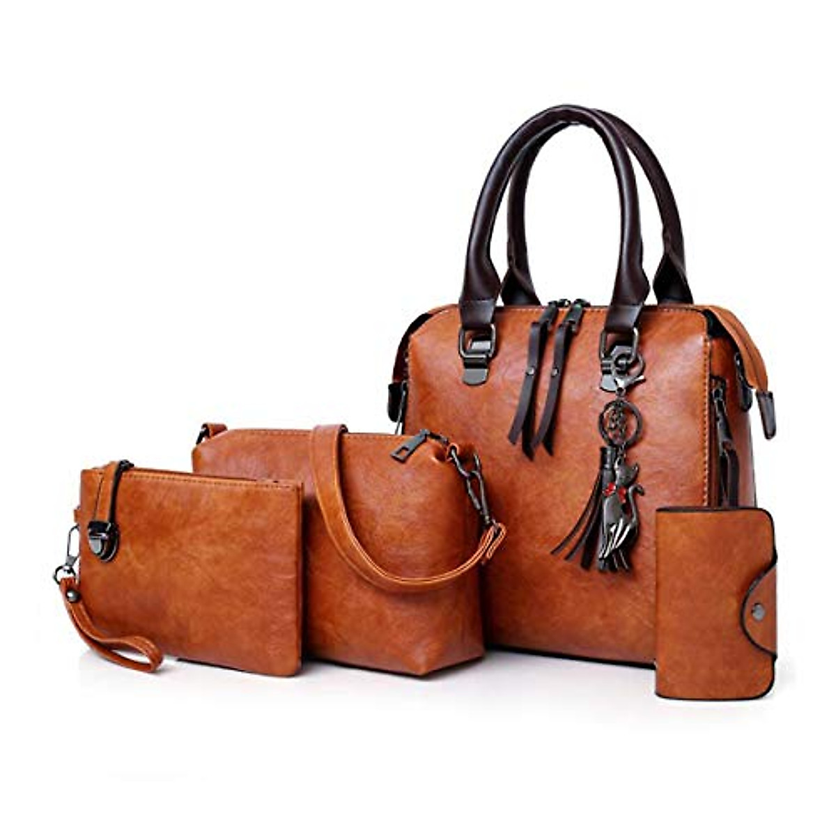 GJGJTER Synthetic PU Leather Tote for Women Satchel Crossbody Hobo 4pcs Handbags Shoulder Bags Tassel Fox Ornament-Brown