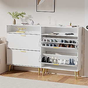 JOZZBY Shoe Cabinet for Entryway, White Narrow Shoe Cabinet with 2 Flip Drawers Slim Shoe Storage Cabinet Freestanding Shoe Organizer Hidden Show Cabinet for Entryway, Hallway, Living Room