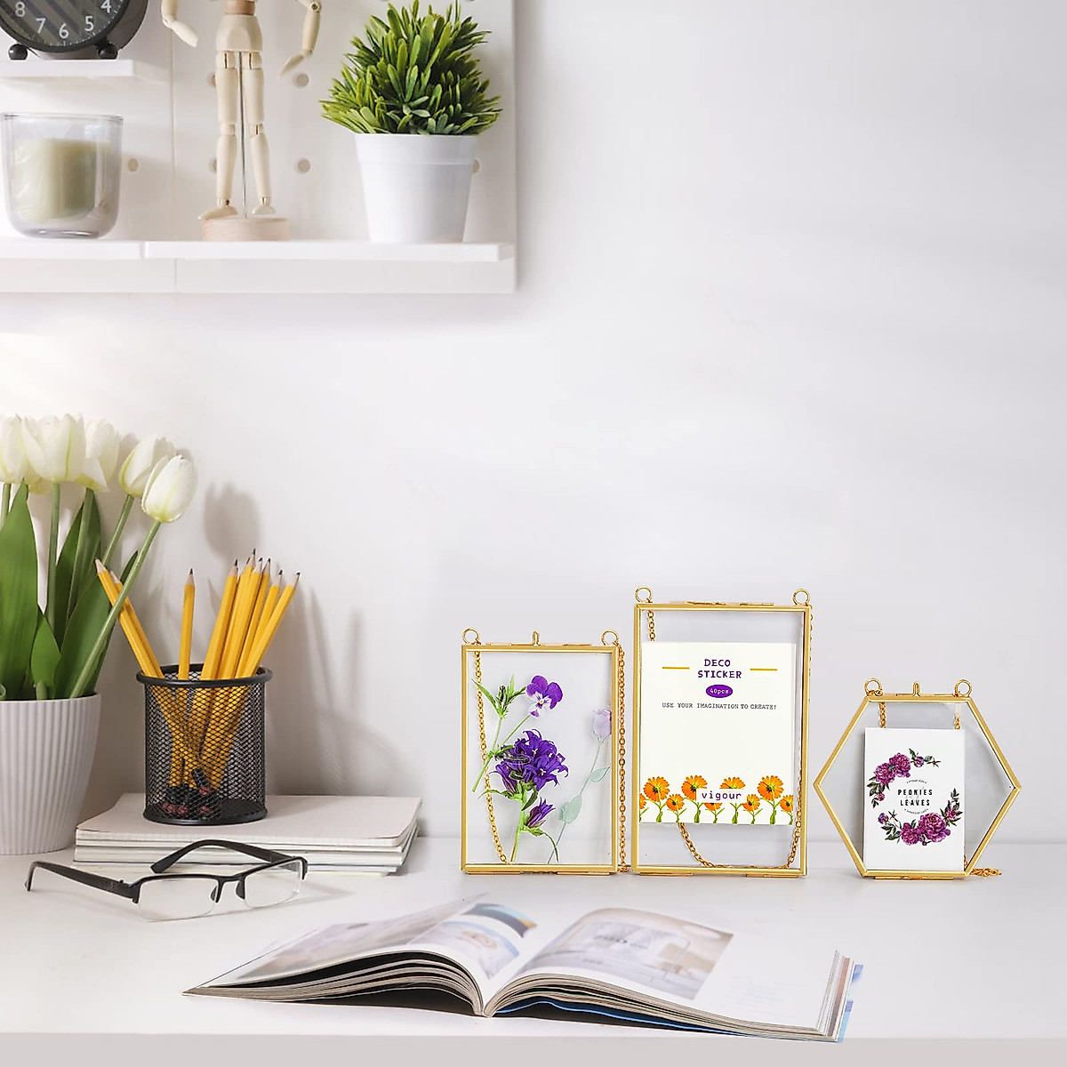 AVLA 3 Pack Pressed Flowers Glass Frames, Brass Hanging Picture Frames with Chain, Small Golden Floating Photo Frame, Clear DIY Artwork Display Frame for Wall Decor, Dried Plant Specimen