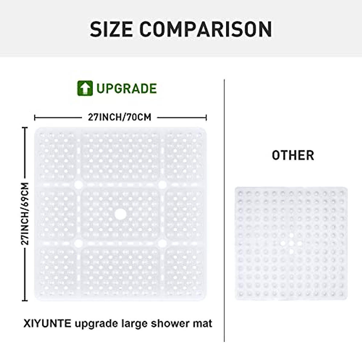 XIYUNTE Large Square Shower Mat Non Slip - 27x27inch Shower Mats for Showers Anti Slip - Square Shower Stall Mat for Shower Floors | Secure Suction Cups and Drain Holes - Machine Washable - Clear