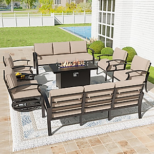 Kullavik Aluminum Patio Furniture Set,8 Pieces 10 Seat Metal Outdoor Furniture Conversation Set w/45 Propane Gas Fire Pit&Swivels,Sand
