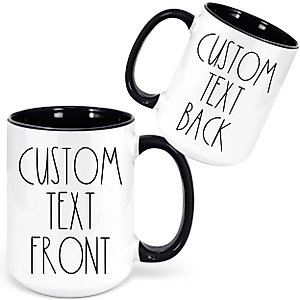PERSONALIZED COFFEE MUG! Rae Dunn Inspired Font BLACK! 15oz Ceramic Mug | Your Custom Text on front, back, or both sides!