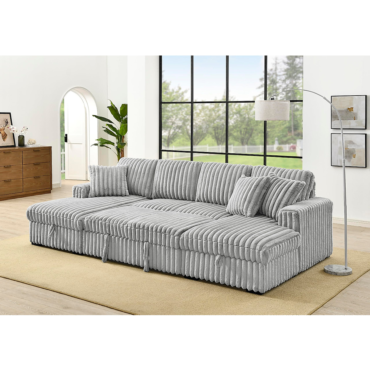 Olodumare 122’’ Oversized Sleeper Sectional Sofa with Pull Out Bed for Living Room, U-Shaped Convertible Couch with Double Chaise Storage for Small Space, Plush Comfy Corduroy Fabric Furniture, Grey