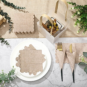 Panelee 100 Pcs Burlap Cocktail Dessert Napkins Bulk Rustic Scalloped Paper Napkins Decorative Party Disposable Hand Towel for Wedding Baby Shower Dinner Birthday, 5 x 5 Inch