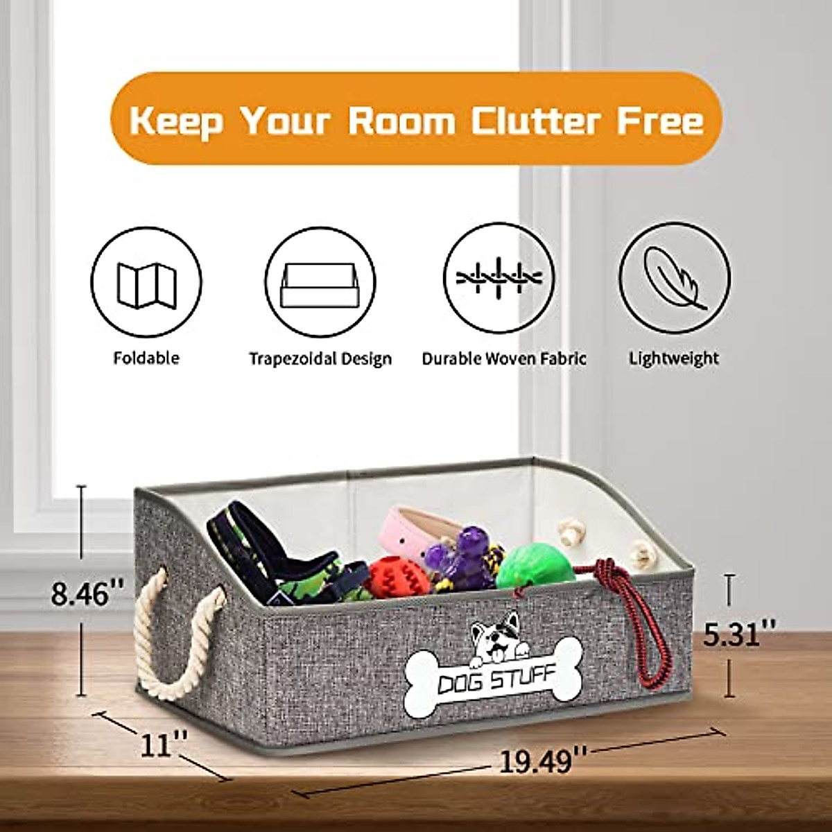 Thankspaw Dog Toy Box, Large Dog Toys Storage with Handle, Fabric Trapezoid Dog Toy Bin, Collapsible Basket Chest Organizer, Perfect for Pet Toys, Blankets, Dog Toys and Accessories